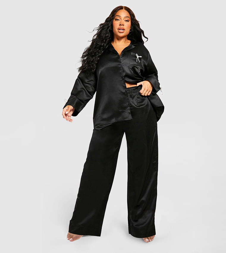 Buy Boohoo Premium Diamante Bow Shirt And Wide Leg Pj Set In Black ...