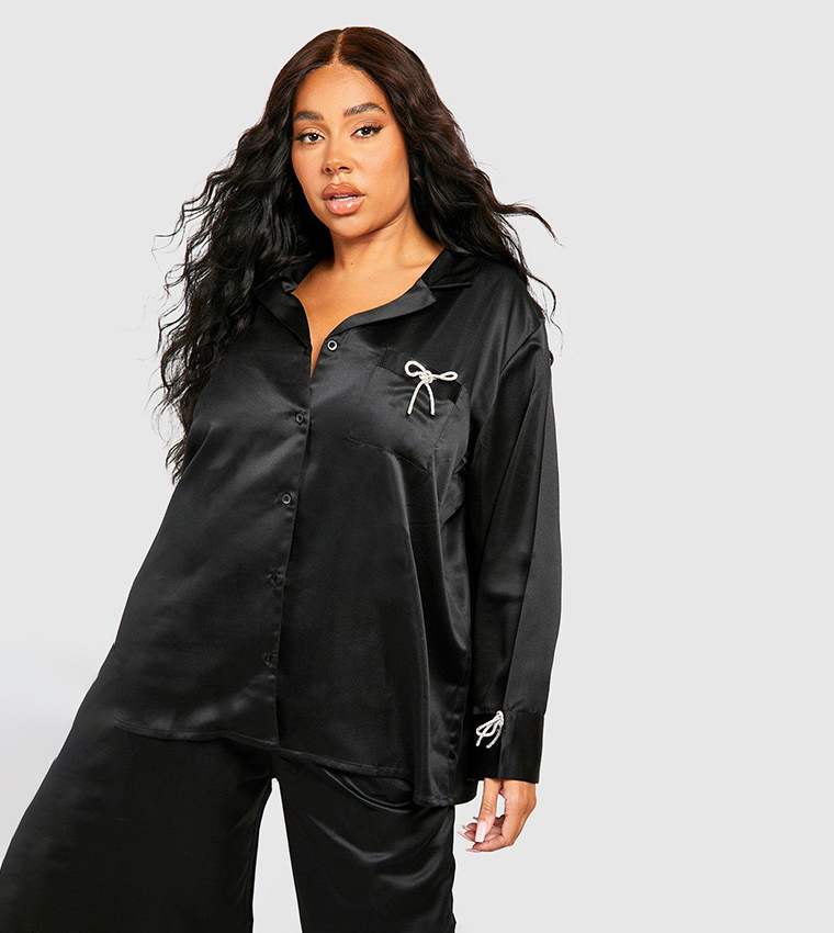 Buy Boohoo Premium Diamante Bow Shirt And Wide Leg Pj Set In Black ...
