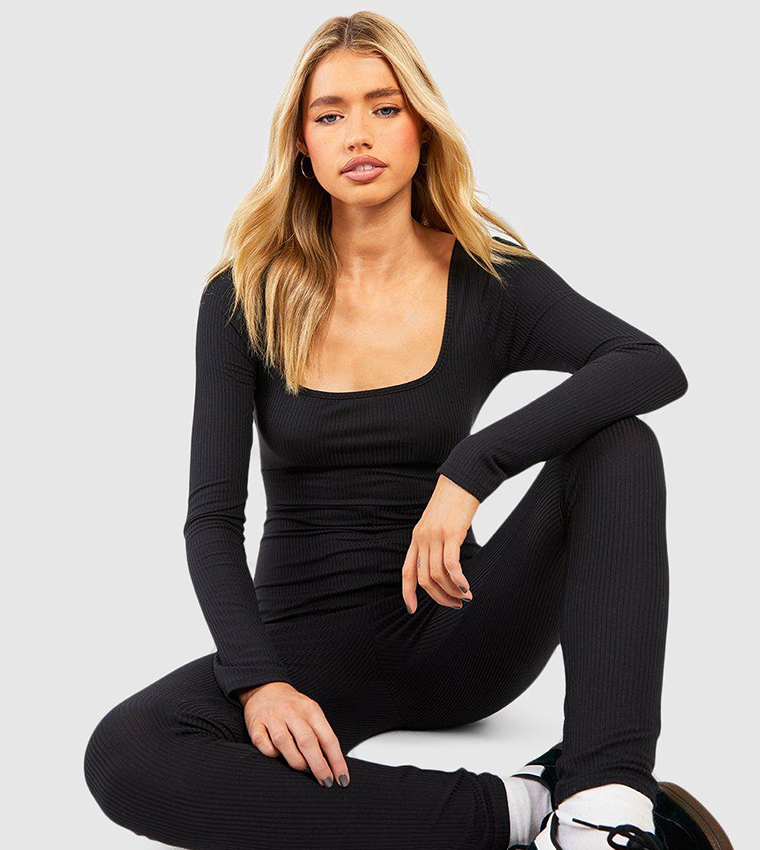 Buy Boohoo Brushed Rib Square Neck Unitard In Black | 6thStreet Qatar