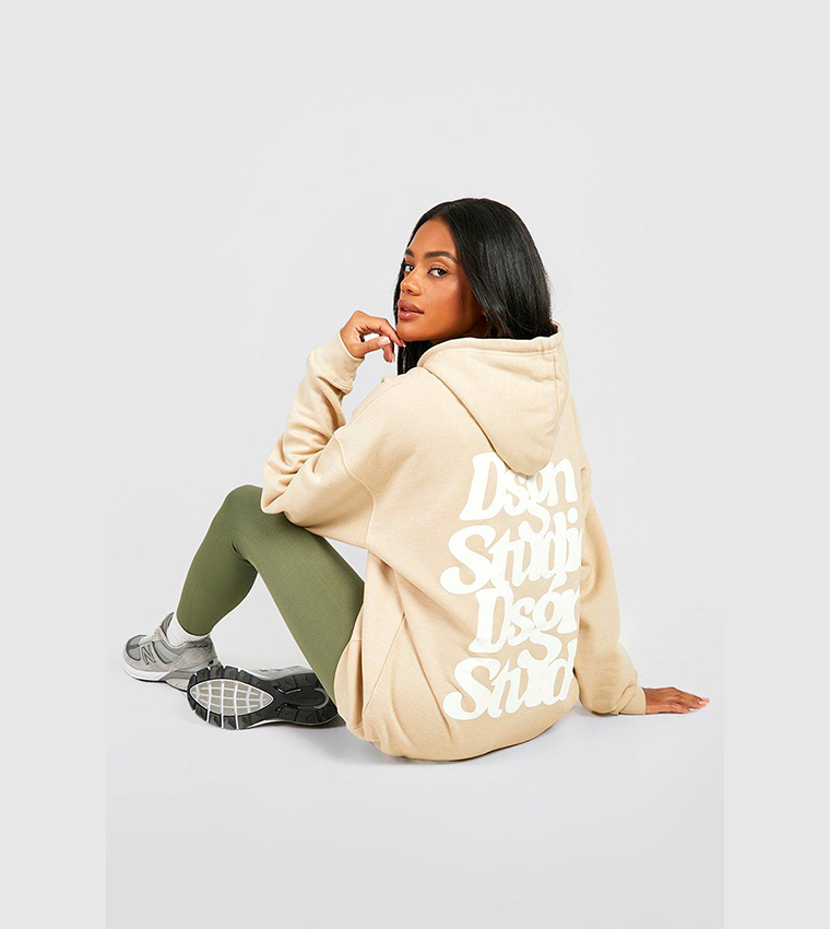 Buy Boohoo Dsgn Studio Puff Back Print Oversized Hoodie In Beige ...