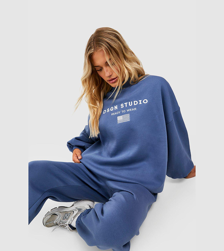 Buy Boohoo Design Studio Deep Neck Sweatshirt Tracksuit Set In Blue ...