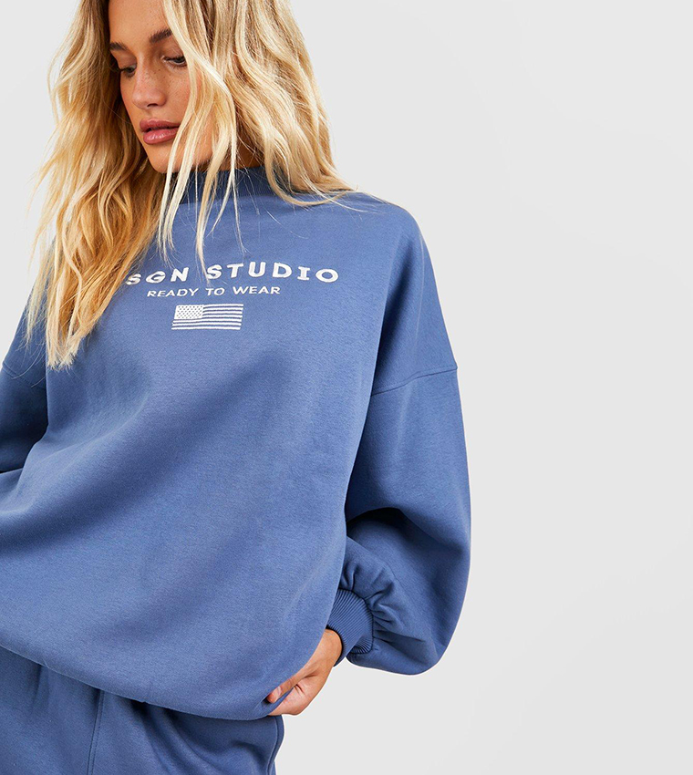 Buy Boohoo Design Studio Deep Neck Sweatshirt Tracksuit Set In Blue ...