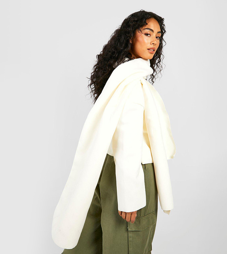 Buy Boohoo 2 In 1 Scarf Detail Wool Look Short Coat In Cream ...