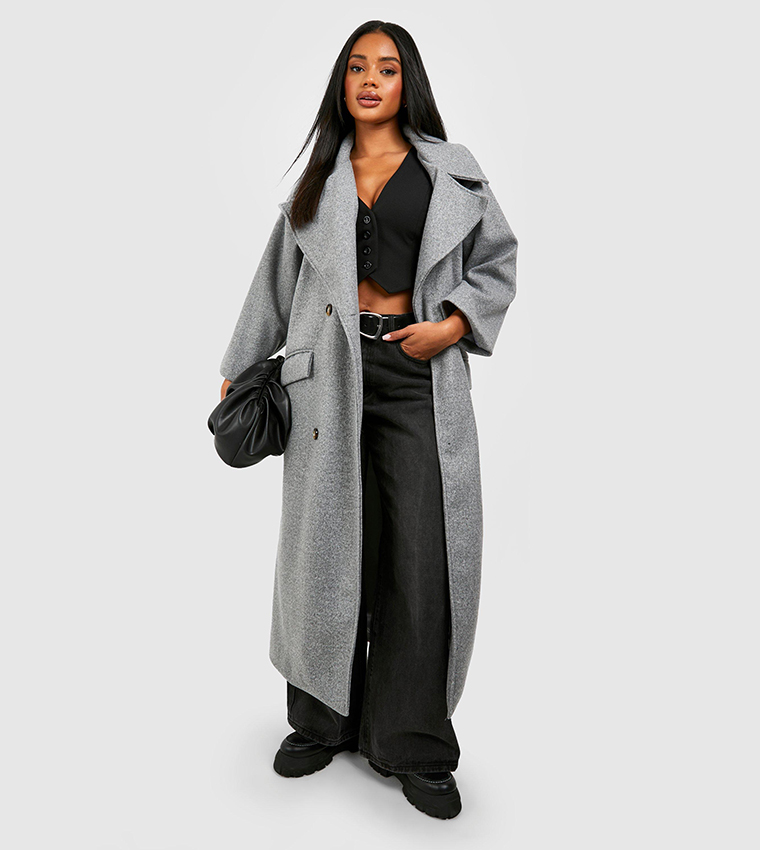 Buy Boohoo Super Oversized Maxi Double Breasted Wool Look Coat In Grey ...