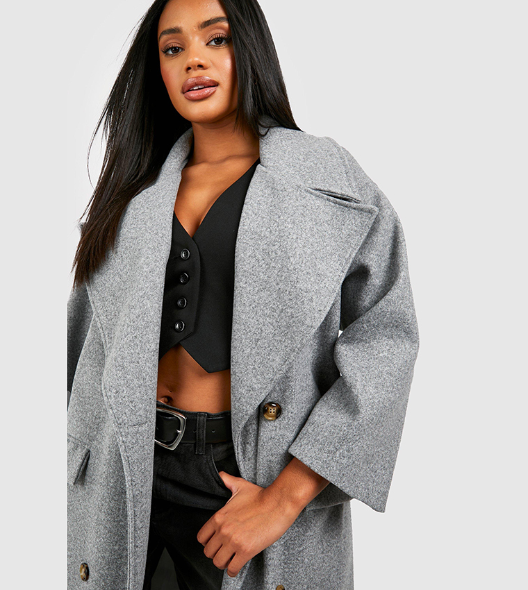 Buy Boohoo Super Oversized Maxi Double Breasted Wool Look Coat In Grey ...