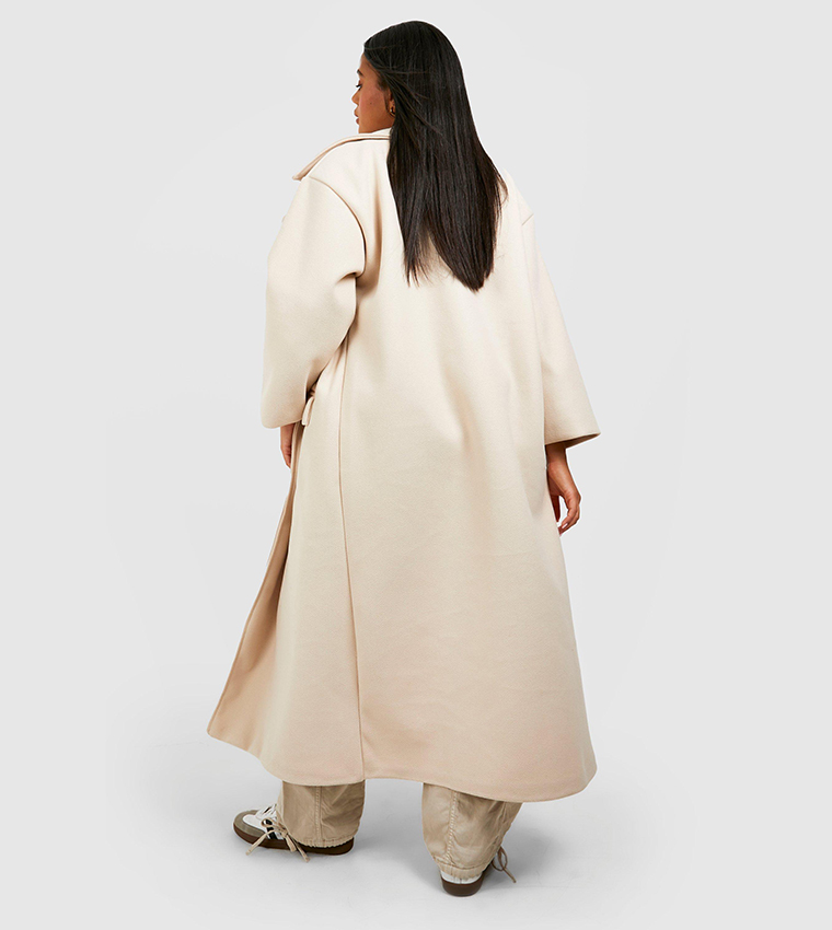 Buy Boohoo Super Oversized Maxi Double Breasted Wool Look Coat In Beige ...