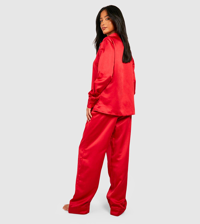 Buy Boohoo Satin Button Up Pyjama Set In Red | 6thStreet Saudi Arabia