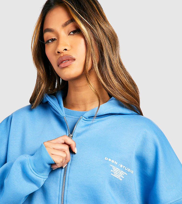 Buy Boohoo Dsgn Studio Slogan Boxy Zip Through Hoodie In Blue ...