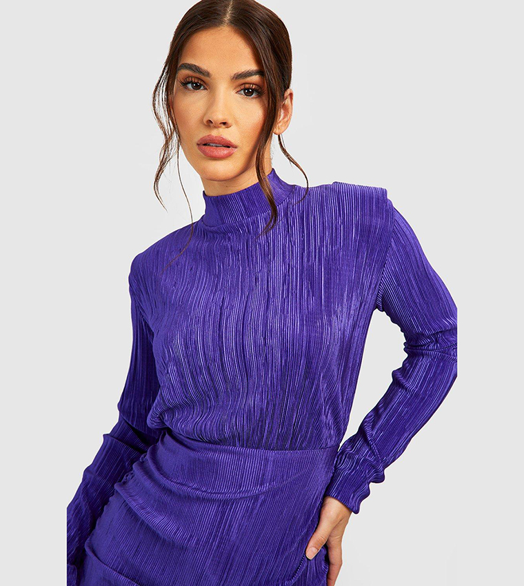 Buy Boohoo High Neck Plisse Midi Bodycon Dress In Purple | 6thStreet ...