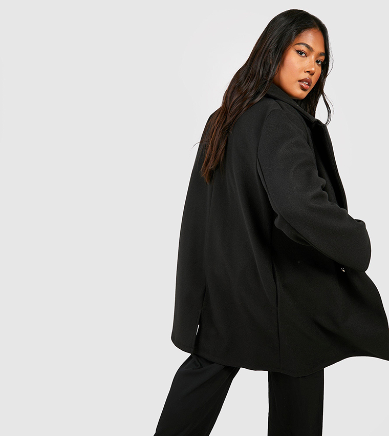Buy Boohoo Wool Look Double Breasted Military Buttons Coat In Black ...