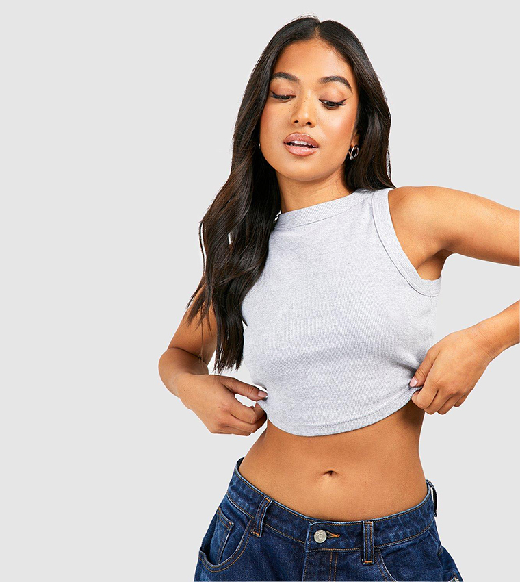 Buy Boohoo Rib Racer Crop Top In Grey | 6thStreet Saudi Arabia