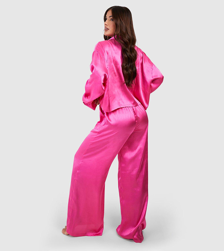 Buy Boohoo Oversized Crop Shirt And Wide Leg Pyjama Set In Hot Pink ...
