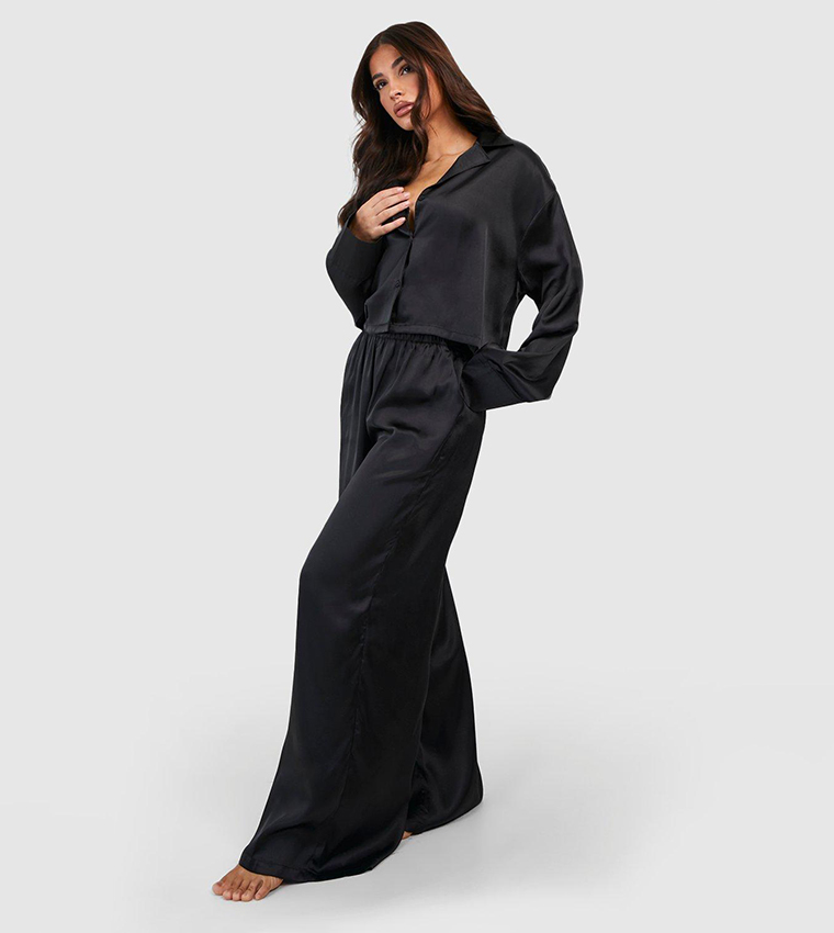 Buy Boohoo Oversized Crop Shirt And Wide Leg Pyjama Set In Black ...