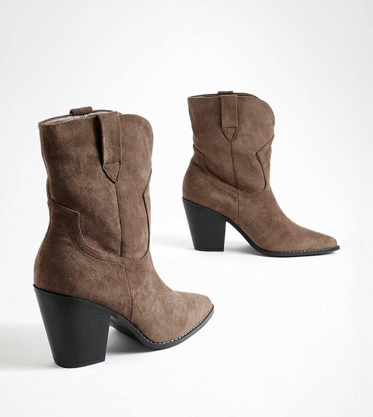Buy Boohoo Wide Fit Stitch Detail Cowboy Boots In Khaki | 6thStreet Kuwait