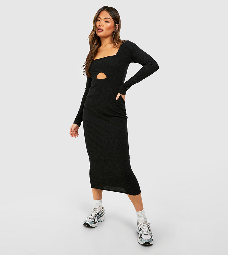 Buy Boohoo Soft Rib Cut Out Midaxi Dress In Black | 6thStreet Qatar