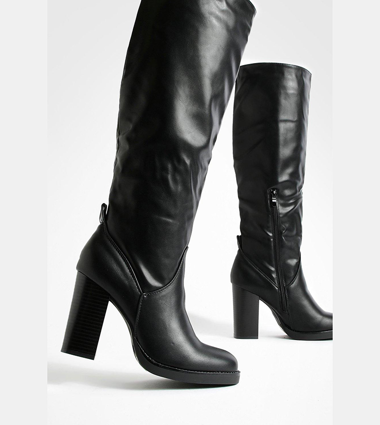 Buy Boohoo Mini Platform Stack Heel Knee High Boots In Black ...