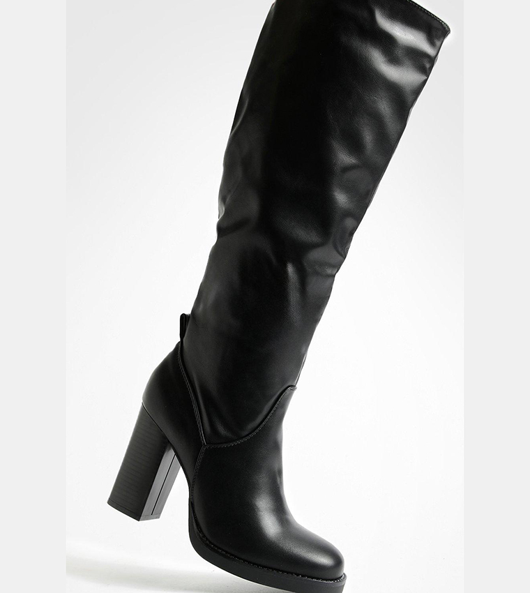 Buy Boohoo Mini Platform Stack Heel Knee High Boots In Black ...
