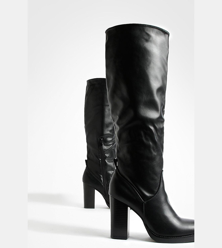 Buy Boohoo Mini Platform Stack Heel Knee High Boots In Black ...
