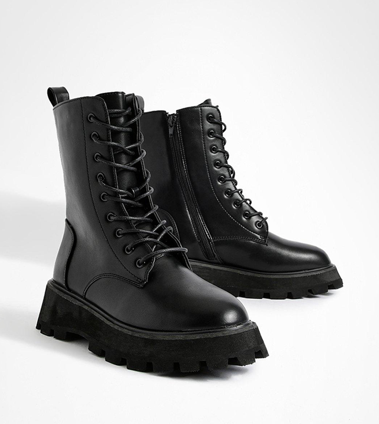 Buy Boohoo Wedged Sole Chunky Lace Up Hiker Boots In Black | 6thStreet ...