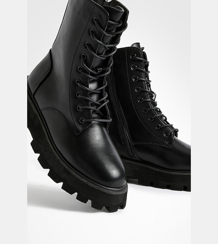 Buy Boohoo Wedged Sole Chunky Lace Up Hiker Boots In Black | 6thStreet ...