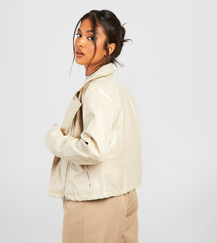 Buy Boohoo Faux Leather Biker Jacket In STONE | 6thStreet Kuwait