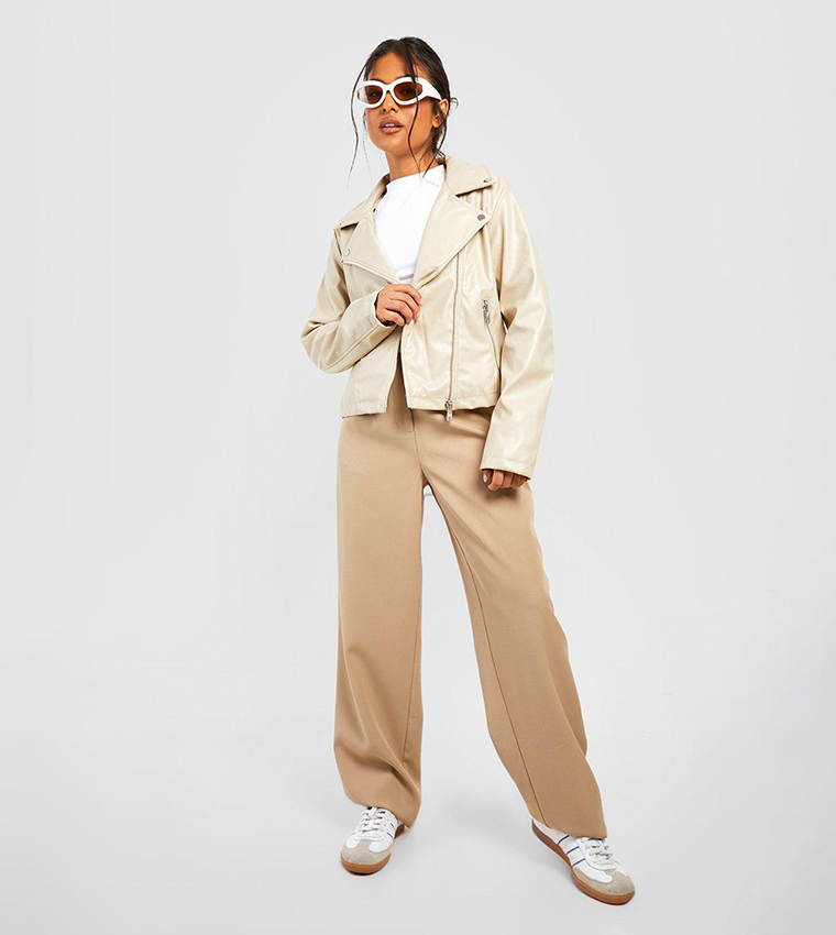 Buy Boohoo Faux Leather Biker Jacket In STONE | 6thStreet Kuwait