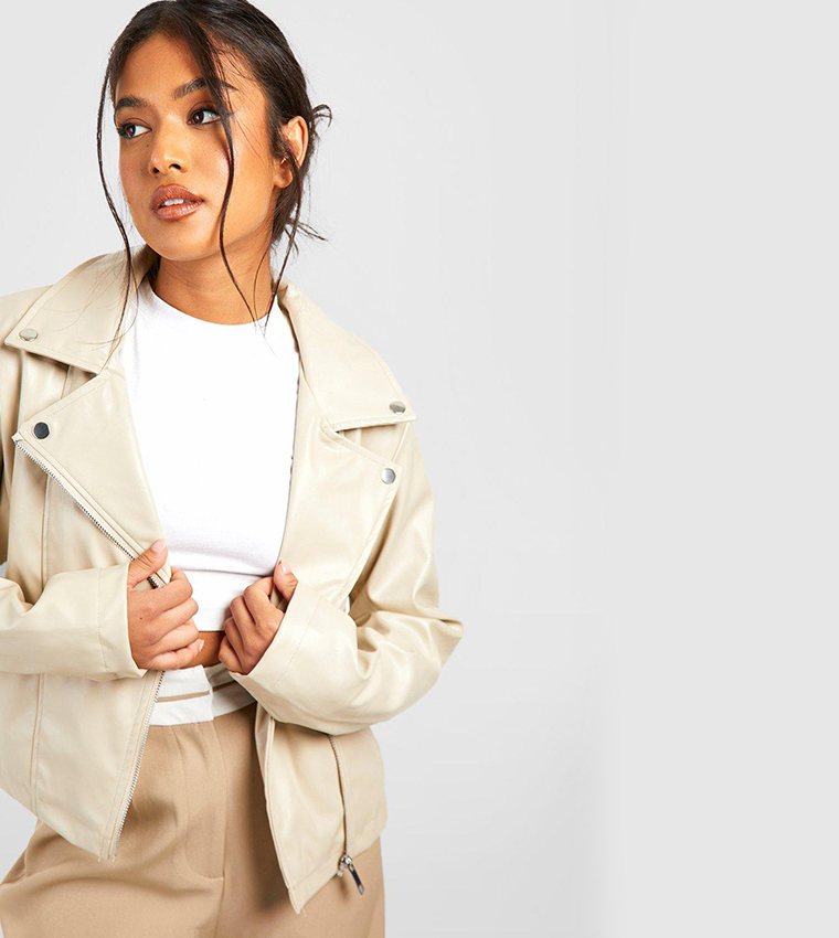Buy Boohoo Faux Leather Biker Jacket In STONE | 6thStreet Kuwait