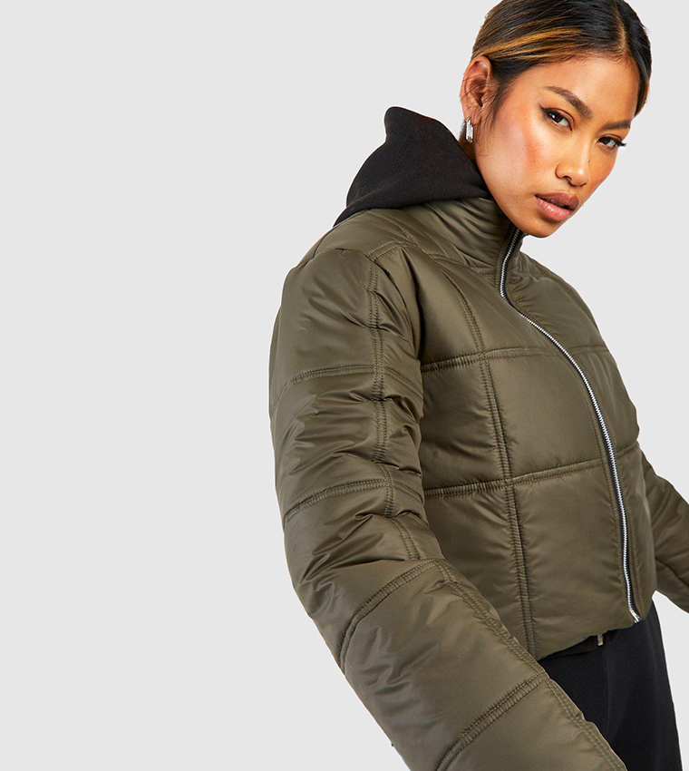 Buy Boohoo Square Quilted Crop Puffer Jacket In Khaki | 6thStreet Kuwait