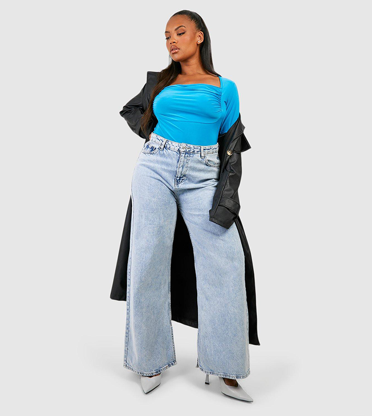 Buy Boohoo Drape Front Long Sleeve Bodysuit In Blue | 6thStreet UAE