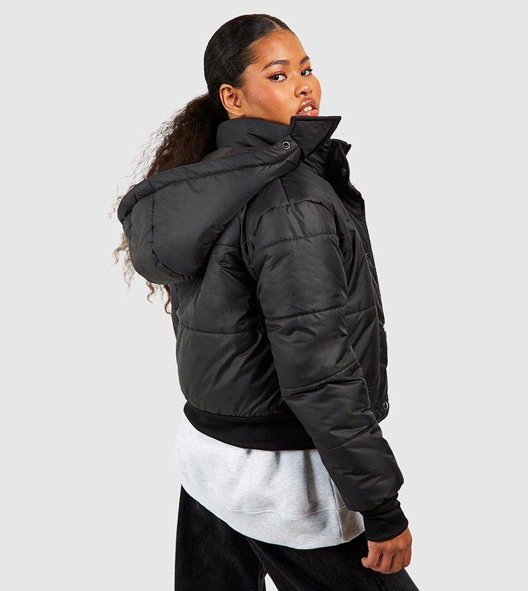 Buy Boohoo Petite Funnel Neck Rib Detail Puffer Jacket In Black ...