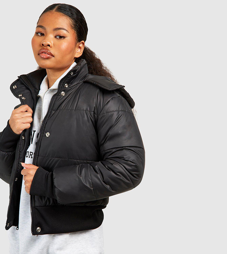 Buy Boohoo Petite Funnel Neck Rib Detail Puffer Jacket In Black ...