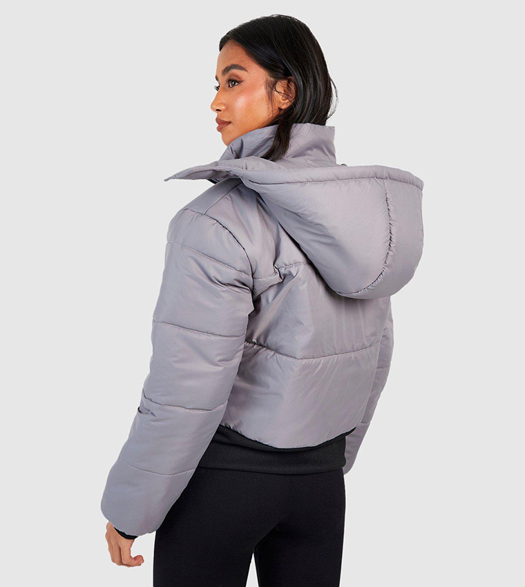 Buy Boohoo Petite Funnel Neck Rib Detail Puffer Jacket In STONE ...