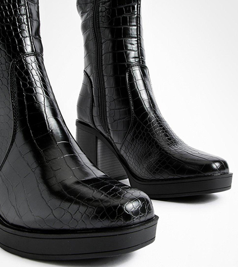 Buy Boohoo Platform Croc Block Heel Knee High Boots In Black ...
