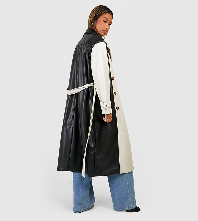 Buy Boohoo Color Block Faux Leather Trench Coat In Black | 6thStreet ...