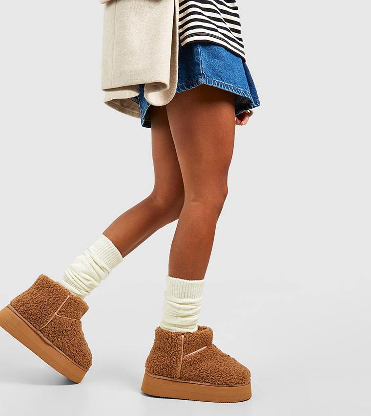 Buy Boohoo Borg Ultra Mini Platform Cosy Boots In Beige | 6thStreet UAE