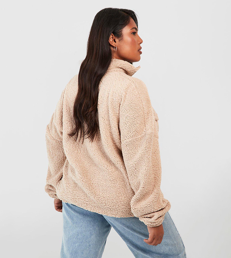 Buy Boohoo Borg Pocket Detail Half Zip Sweatshirt In STONE | 6thStreet UAE