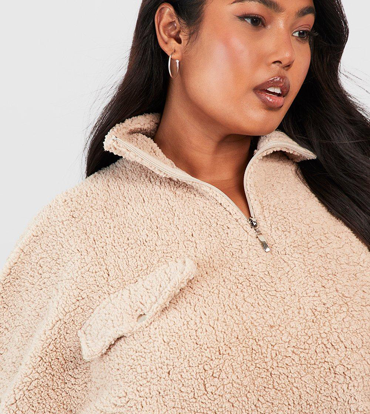 Buy Boohoo Borg Pocket Detail Half Zip Sweatshirt In STONE | 6thStreet UAE