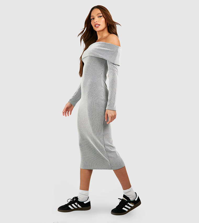 Buy Boohoo Tall Two Tone Rib Bardot Midaxi Dress In Grey 6thstreet Kuwait
