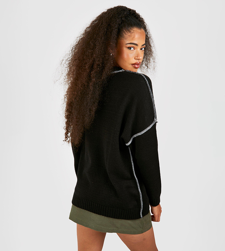 Buy Boohoo Stich Trim Oversized Jumper In Black | 6thStreet UAE