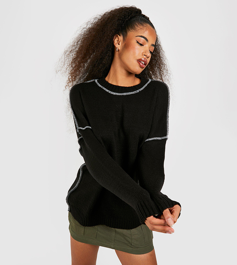 Buy Boohoo Stich Trim Oversized Jumper In Black | 6thStreet UAE