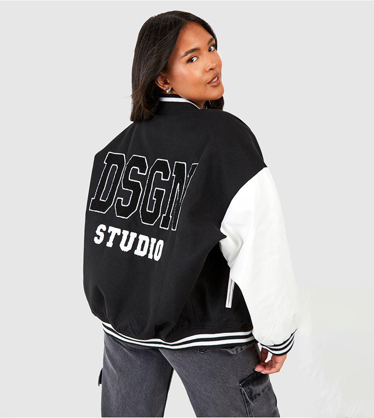 Buy Boohoo Varsity Pu Sleeves Bomber Jacket In Black | 6thStreet Kuwait