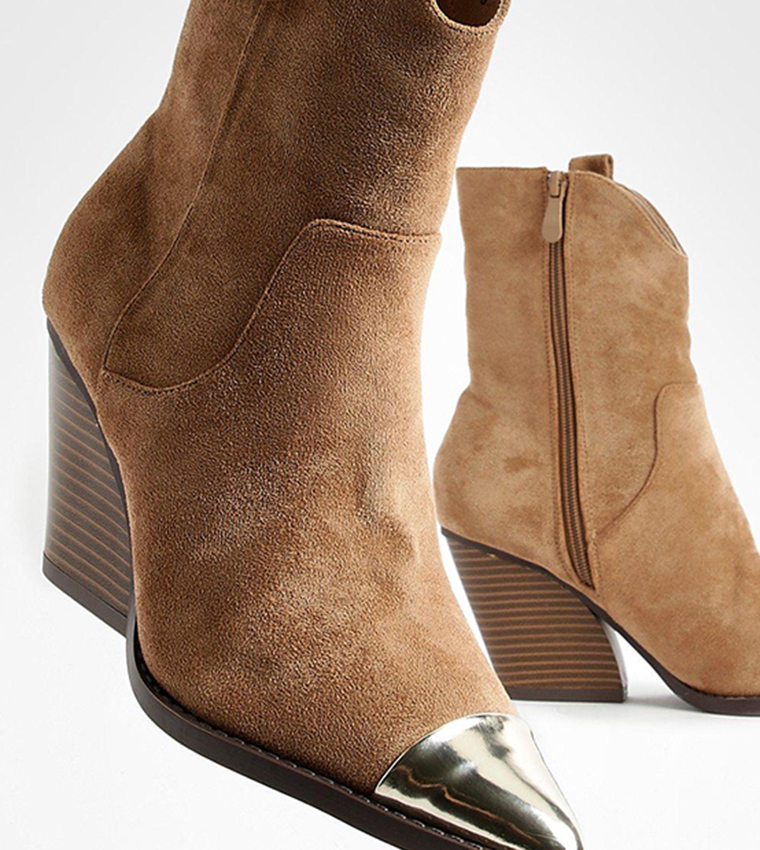 Buy Boohoo Metal Toe Cap Western Cowboy Ankle Boots In Beige ...