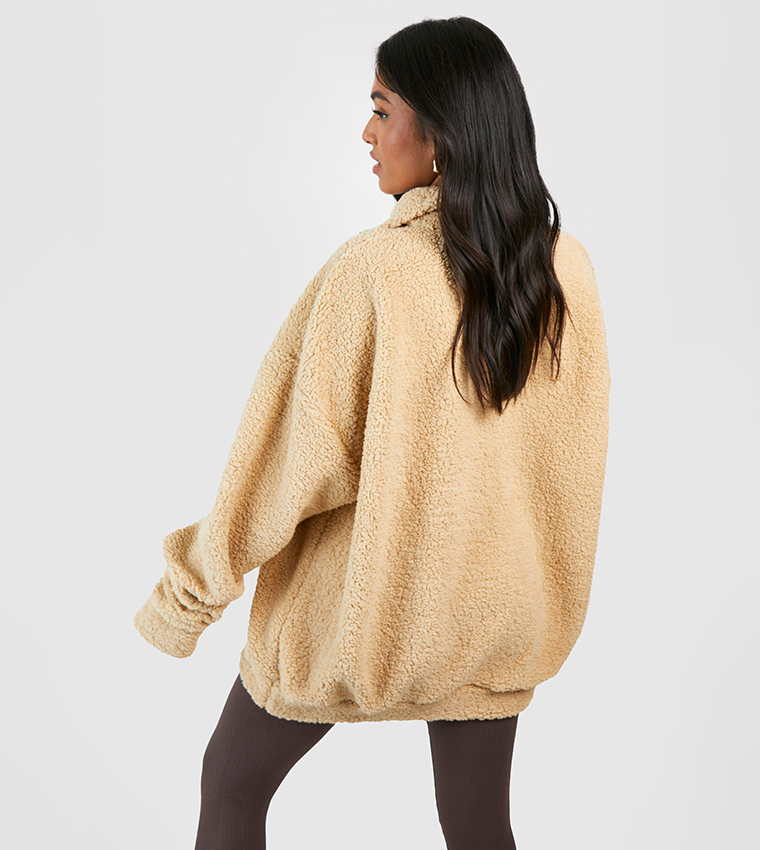 Buy Boohoo Borg Funnel Neck Zip Sweater In STONE | 6thStreet Bahrain