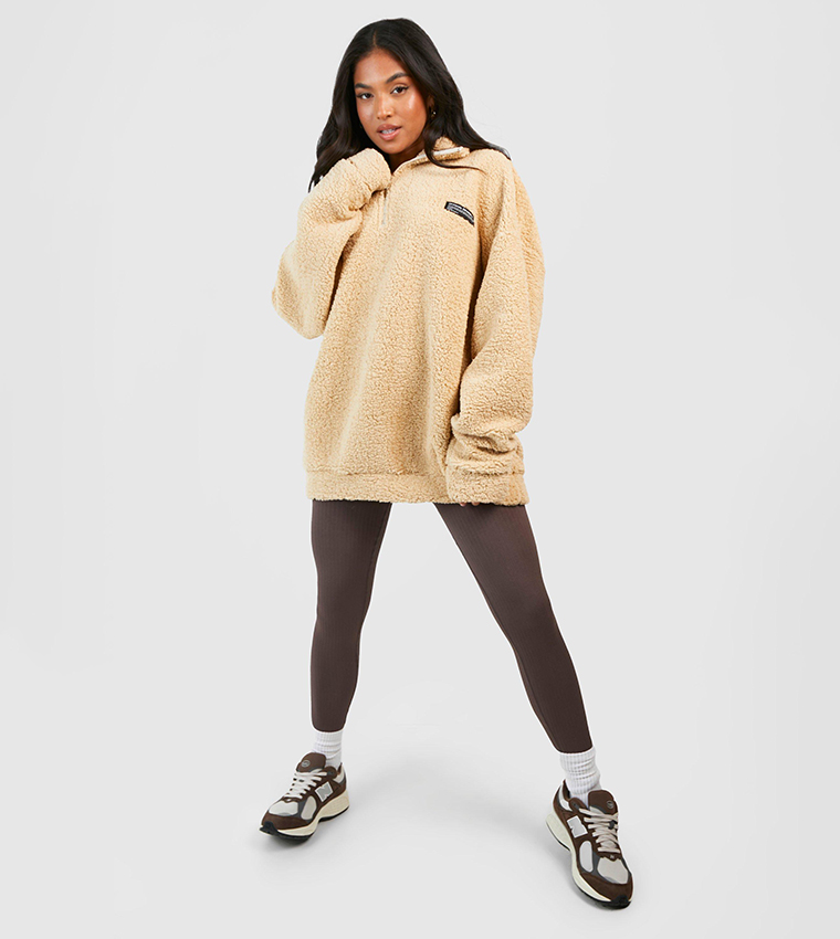 Buy Boohoo Borg Funnel Neck Zip Sweater In STONE | 6thStreet Bahrain