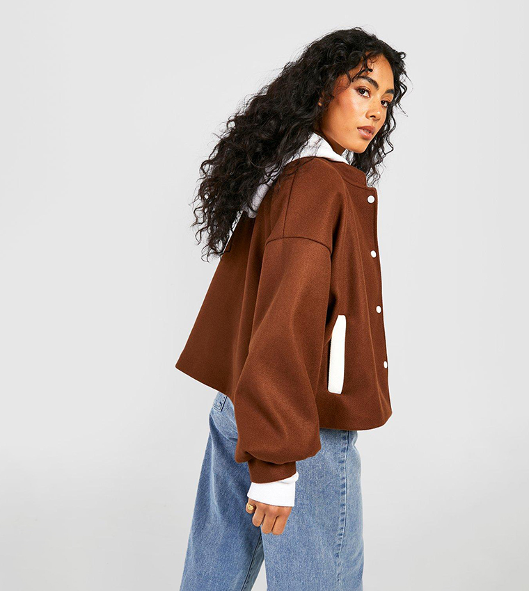 Buy Boohoo Textured Wool Look Bomber Jacket In CHOCOLATE | 6thStreet ...