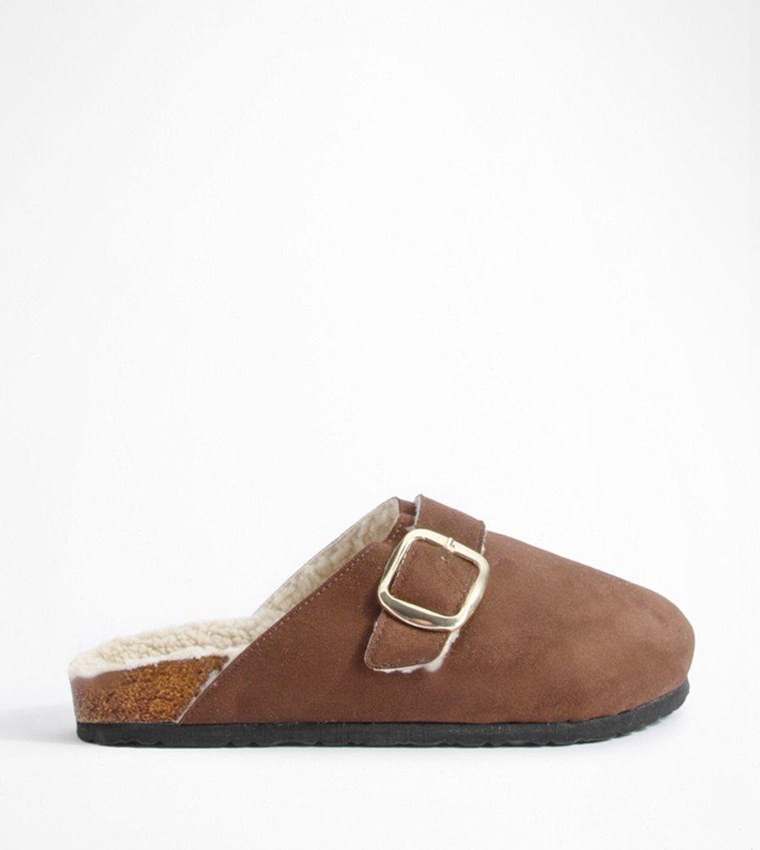 Buy Boohoo Wide Fit Oversized Buckle Borg Lined Clogs In CHOCOLATE ...