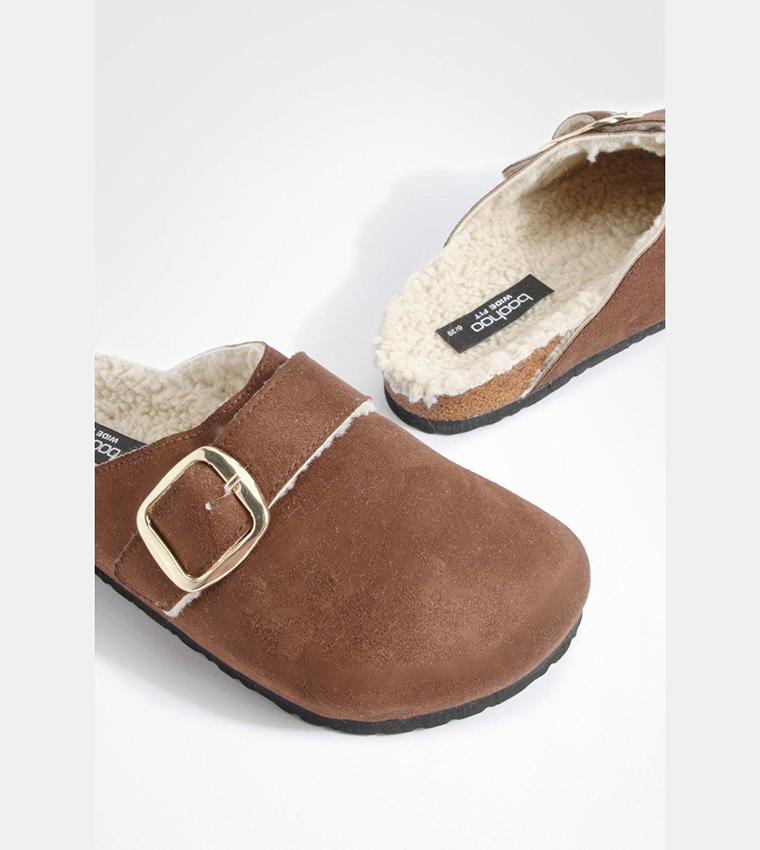 Buy Boohoo Wide Fit Oversized Buckle Borg Lined Clogs In CHOCOLATE ...