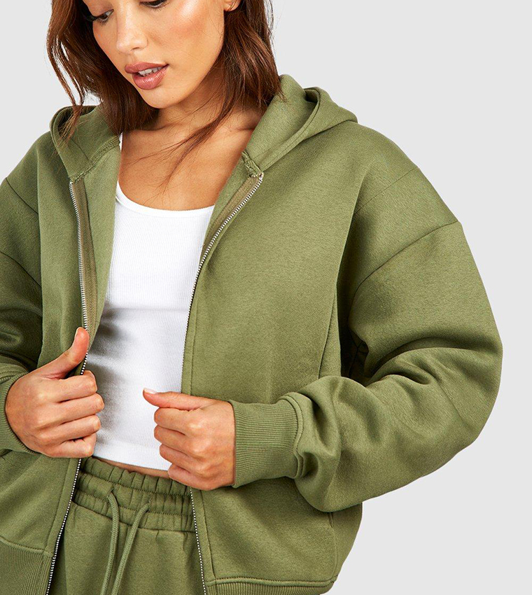 Buy Boohoo Boxy Zip Through Bomber Straight Leg Tracksuit Set In Khaki ...