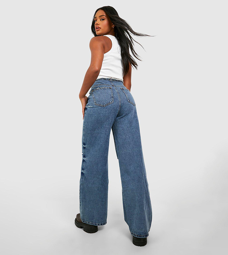 Buy Boohoo Thigh Ripped Straight Fit Jeans In Blue | 6thStreet Saudi Arabia