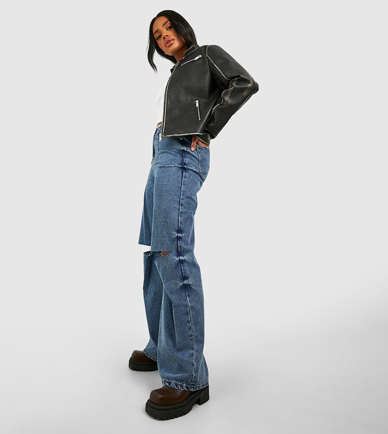 Buy Boohoo Thigh Ripped Straight Fit Jeans In Blue | 6thStreet Saudi Arabia